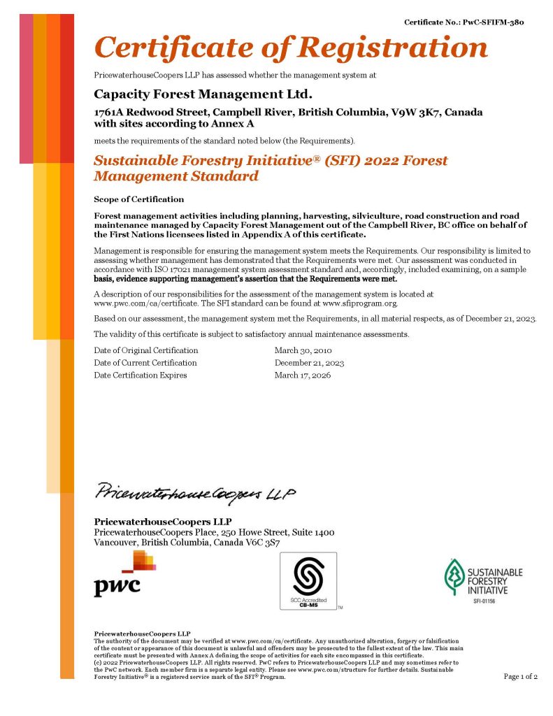 SFI®Certification – Capacity Forest Management Ltd.